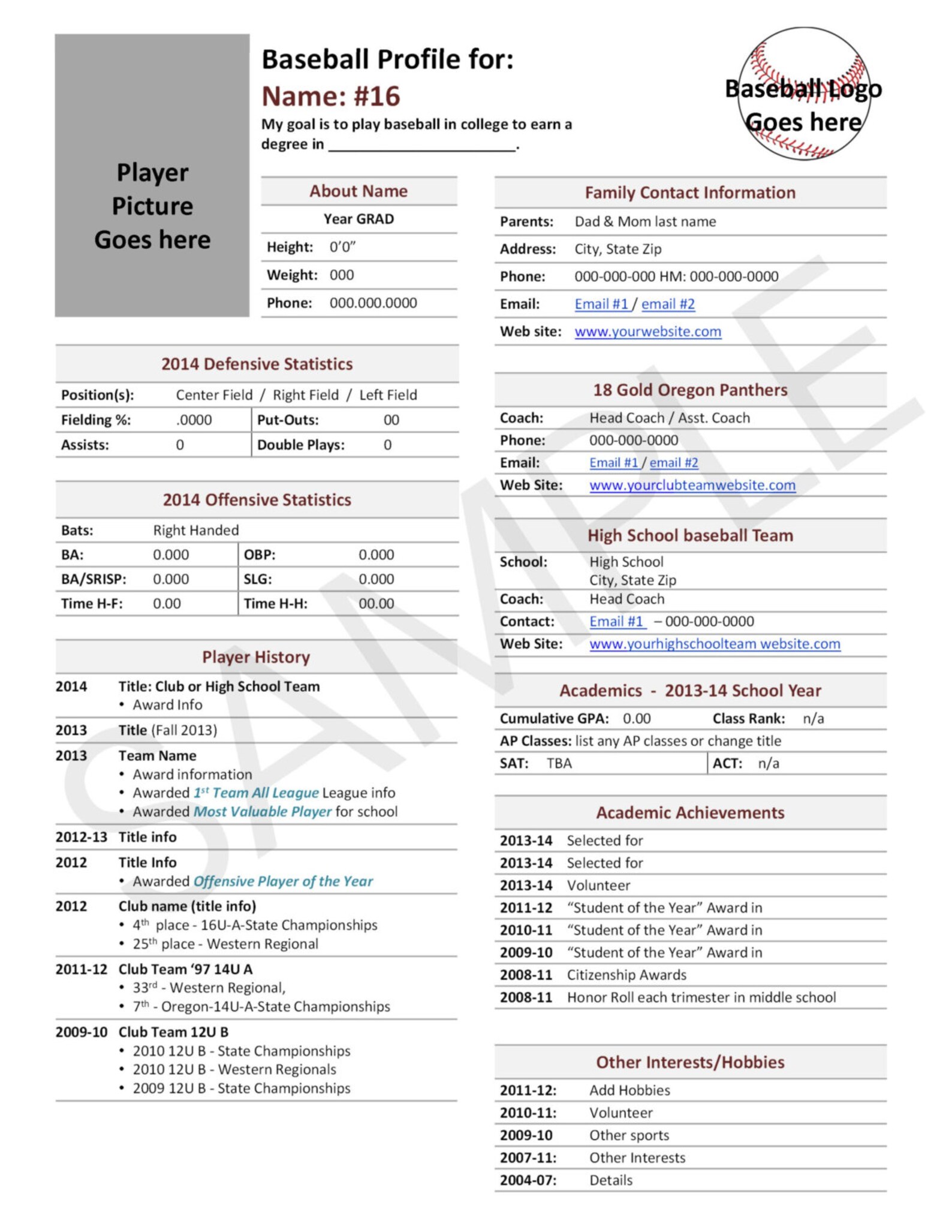 Baseball Player Profile Template Used for College Recruiting - Etsy