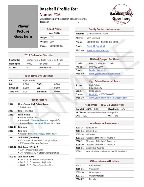 Baseball Player Profile Template Used for College Recruiting - Etsy