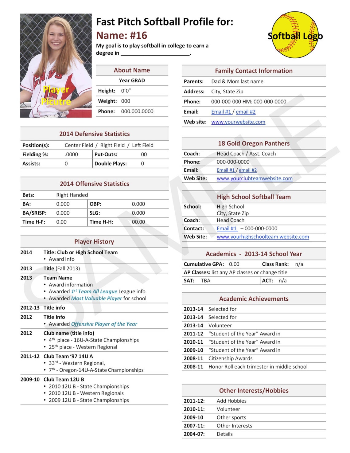 Fast Pitch Softball, Player Profile Template, Used for College ...