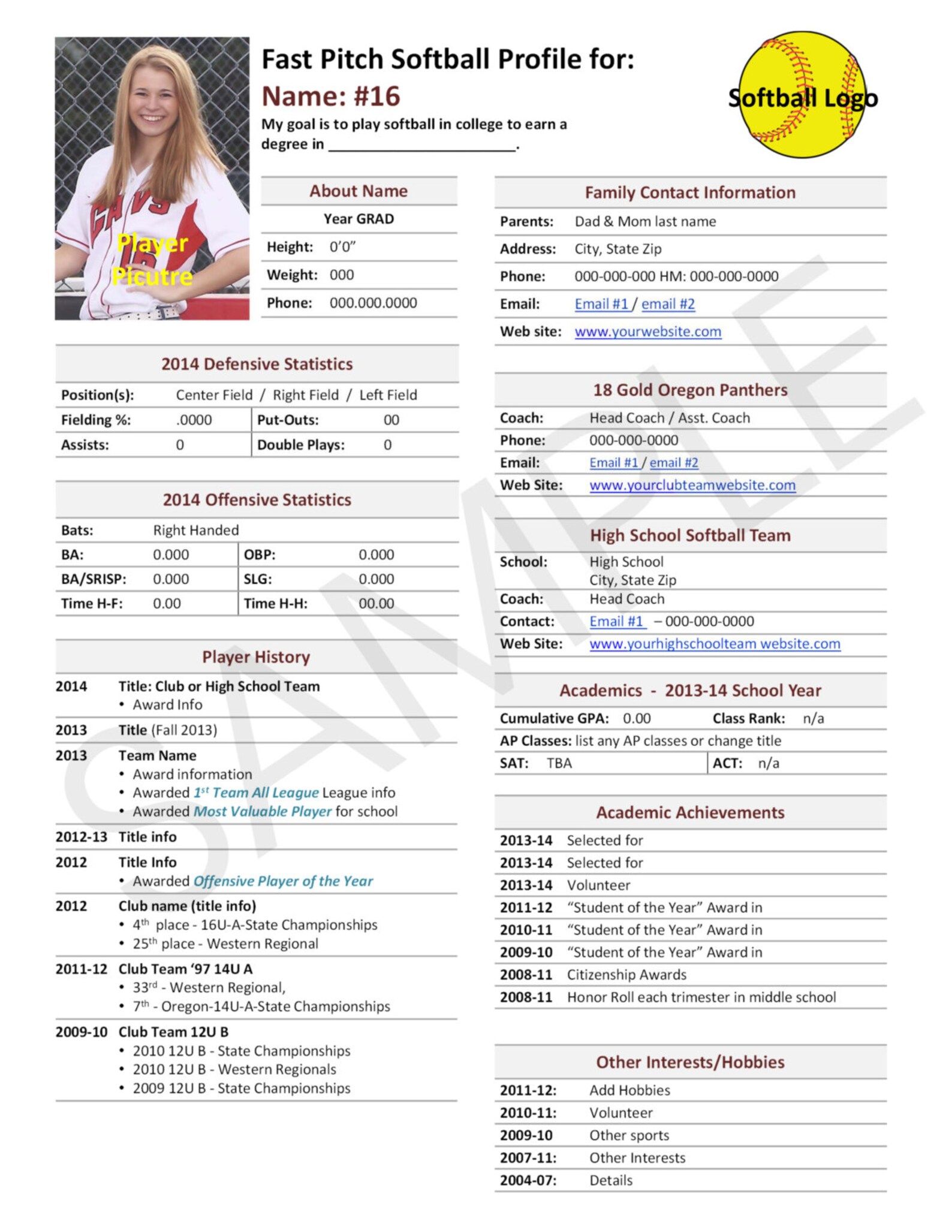 Fast Pitch Softball Player Profile Template Used For College 