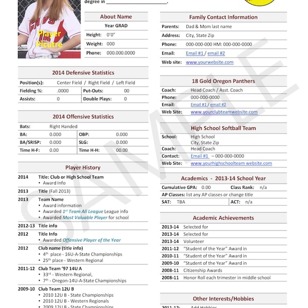 Softball Player Profile Template - Etsy