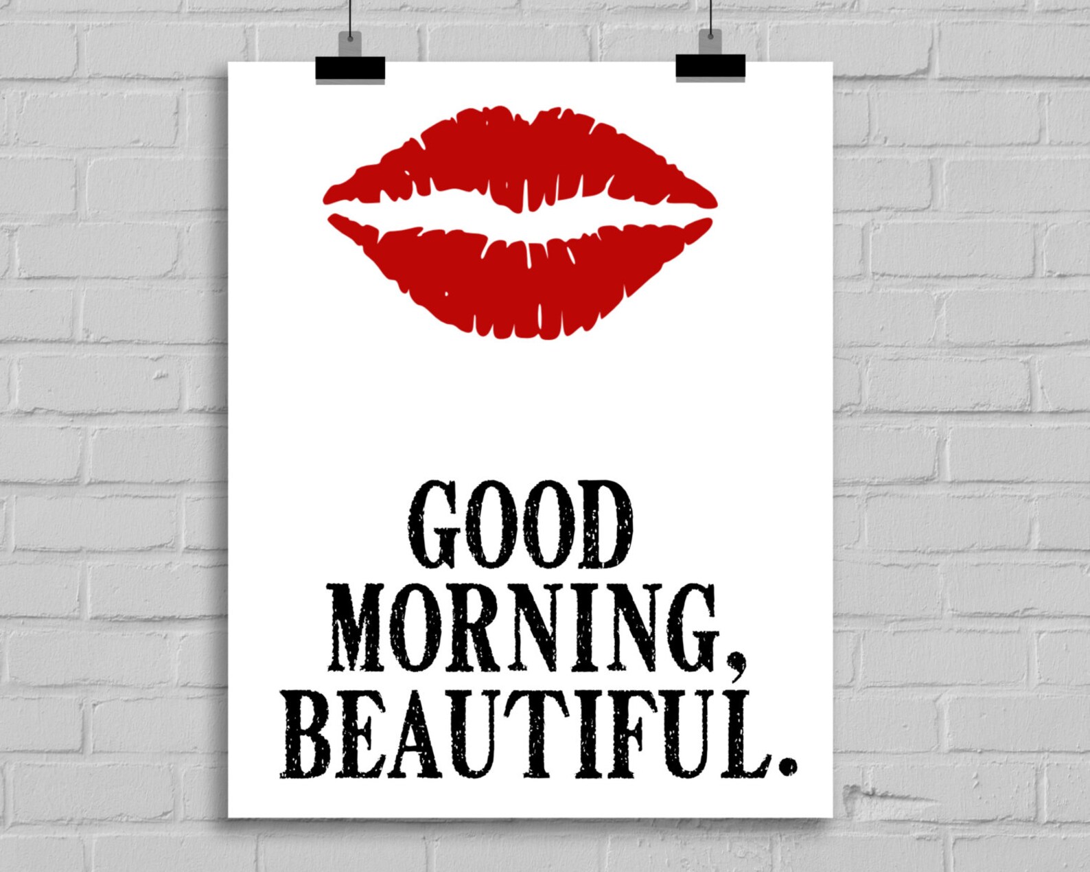 Good Morning Beautiful Wall Art - Red Lips Print, Modern Bathroom Decor ...