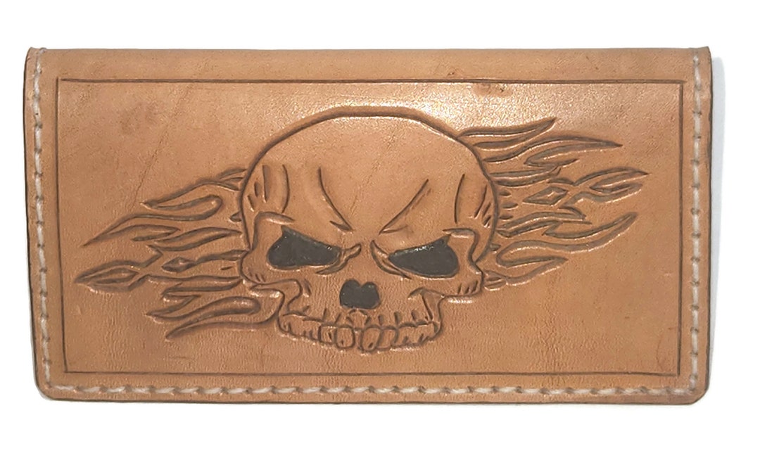 Leather CHECKBOOK COVER - Skull of Fire - Handmade With Duplicate Flap ...