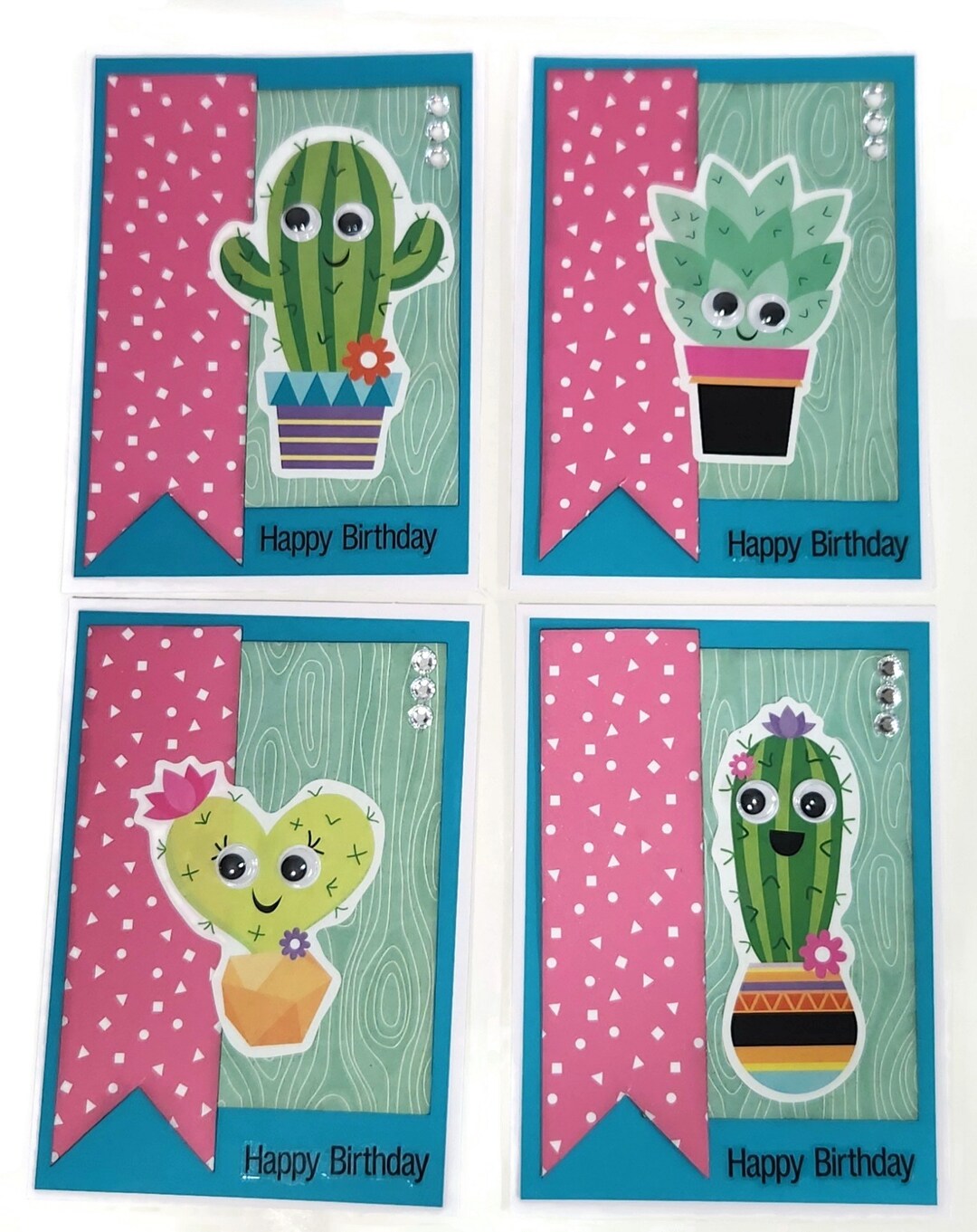 4 BIRTHDAY Googly Eye CACTUS BANNER Handmade Greeting Card Lot Set in ...
