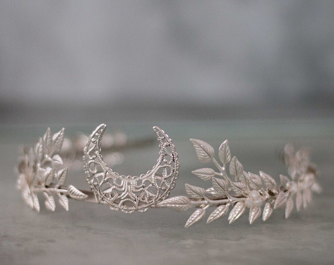 Crescent Moon Crown, Moon Head Band, Silver Leaf Tiara, Elven Hairpiece ...