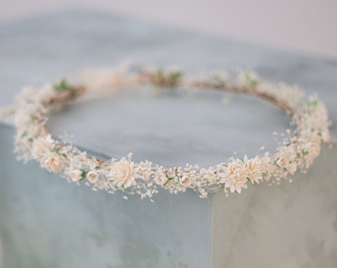 Dried Baby's Breath Flower Crown Wedding, Ivory Hair Wreath, Babies ...