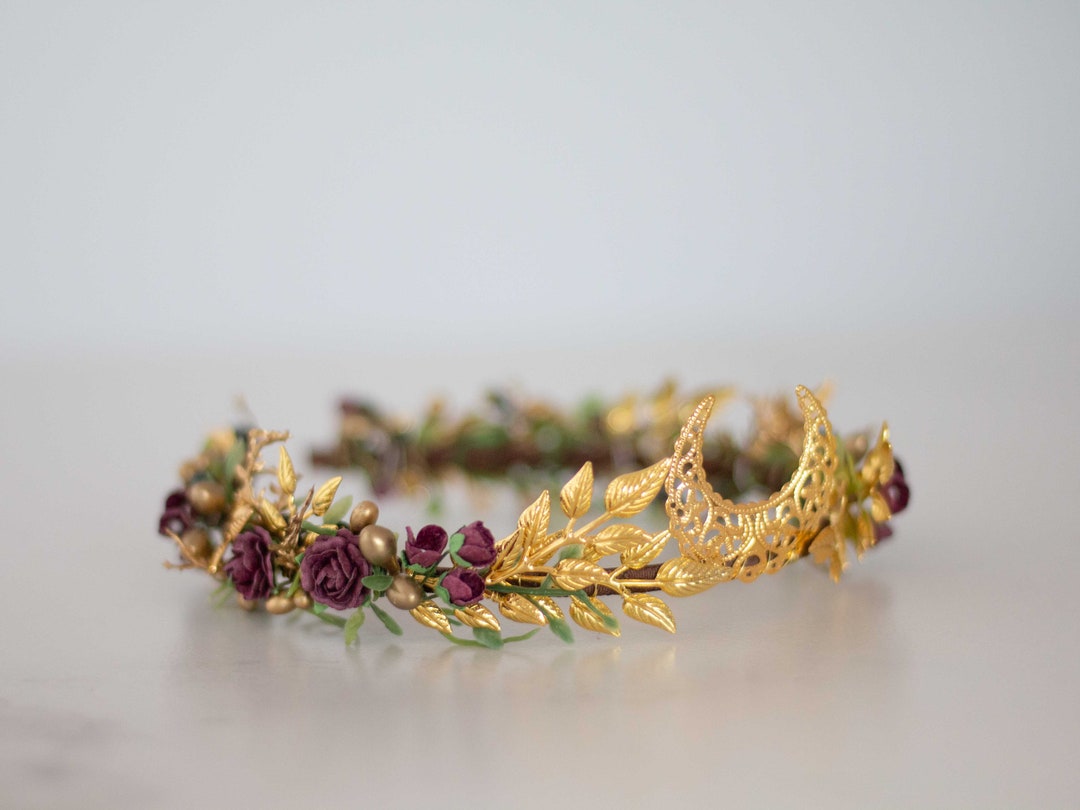 Moon Tiara, Gold Leaf Crown, Crescent Moon Headband, Elven Hairpiece ...