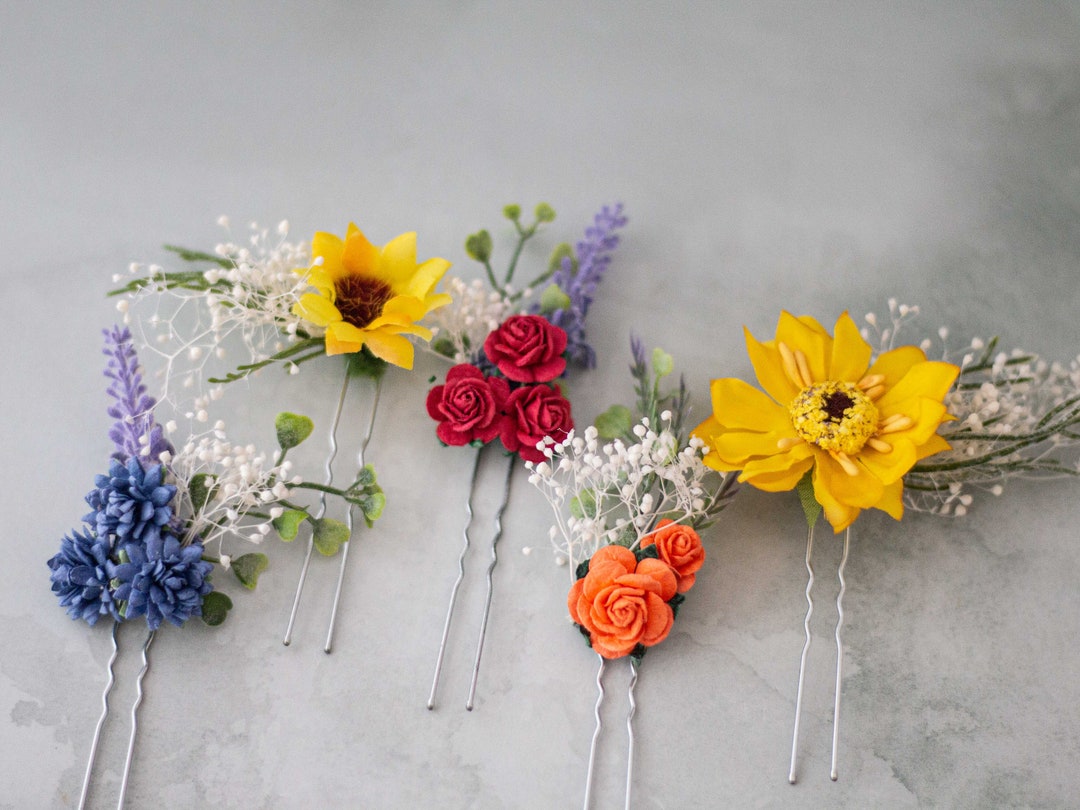 Colorful Flower Hair Pins With Sunflowers, Wedding Flower Hair Pins, Sunflower Hair Clip, Bridal ...