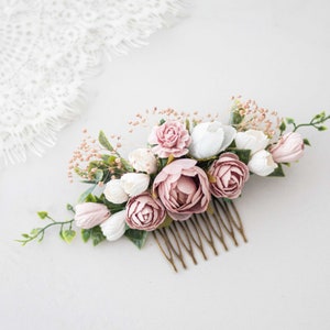 Dusty Rose Flower Comb for Wedding, Peony Bridal Comb, Mauve White ...