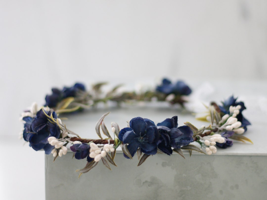 Navy Blue White Flower Crown Wedding, Dark Hair Wreath, Boho Bride ...