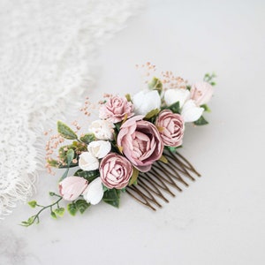 Dusty Rose Flower Comb for Wedding, Peony Bridal Comb, Mauve White ...