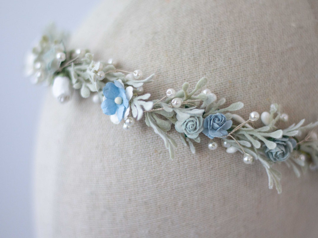 Dainty Flower Crown Wedding Fine Hair Wreath Blue White Hair - Etsy