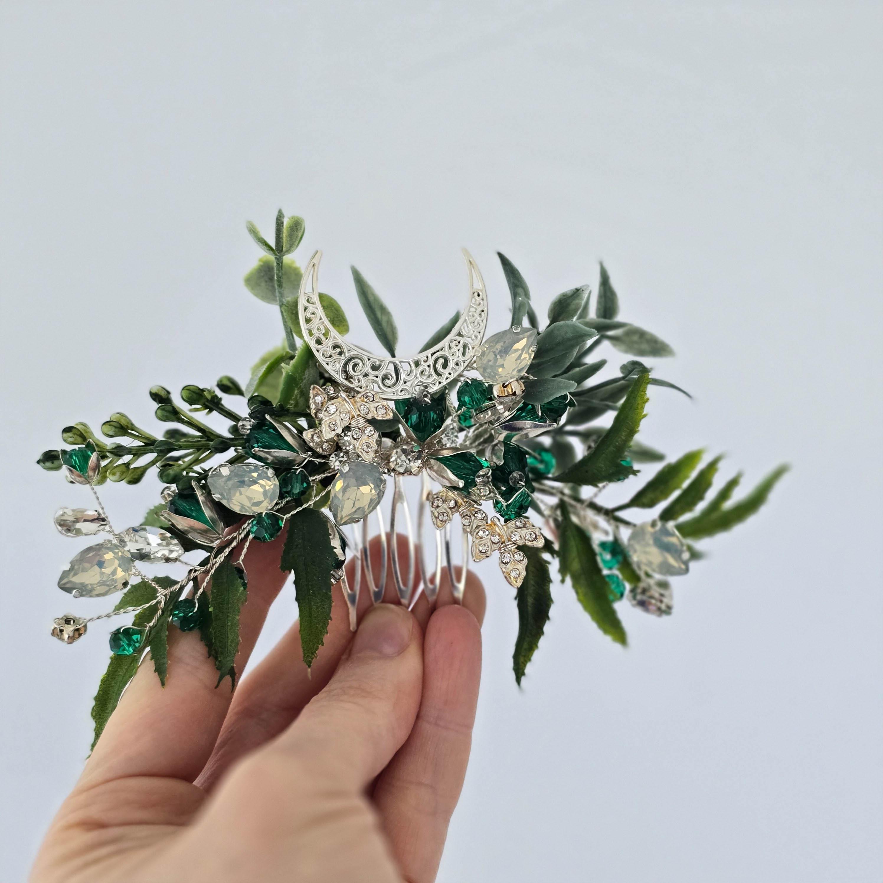 Silver Crescent Moon & Green Leaf Hair Comb: Celestial Wedding Hair ...