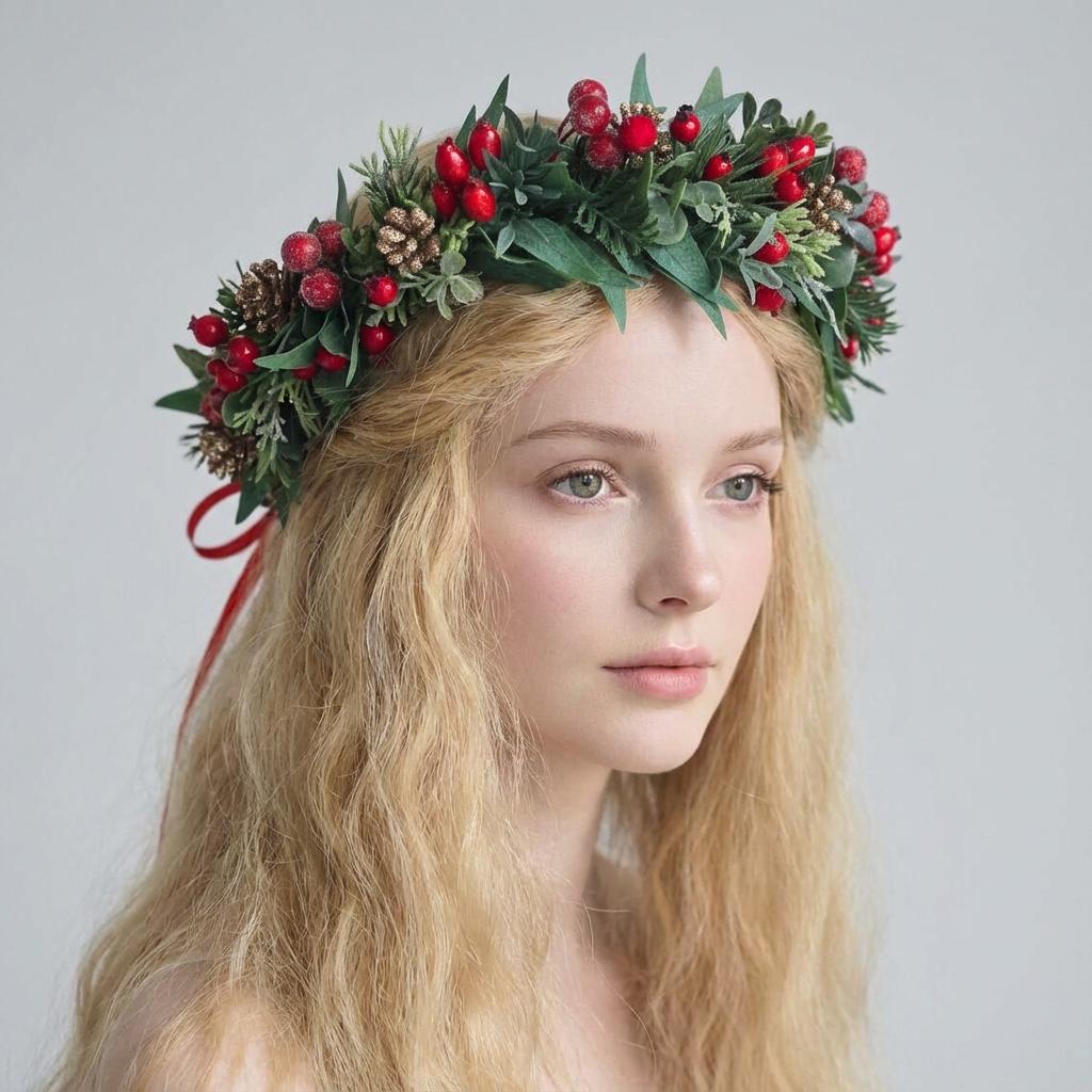 Winter Flower Crown: Red & Gold Christmas Hair Wreath, Adjustable Size ...