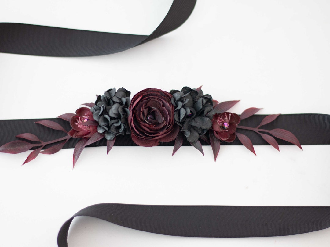 Black Flower Belt for Dress Wedding, Dark Flower Sash for Baby Shower ...