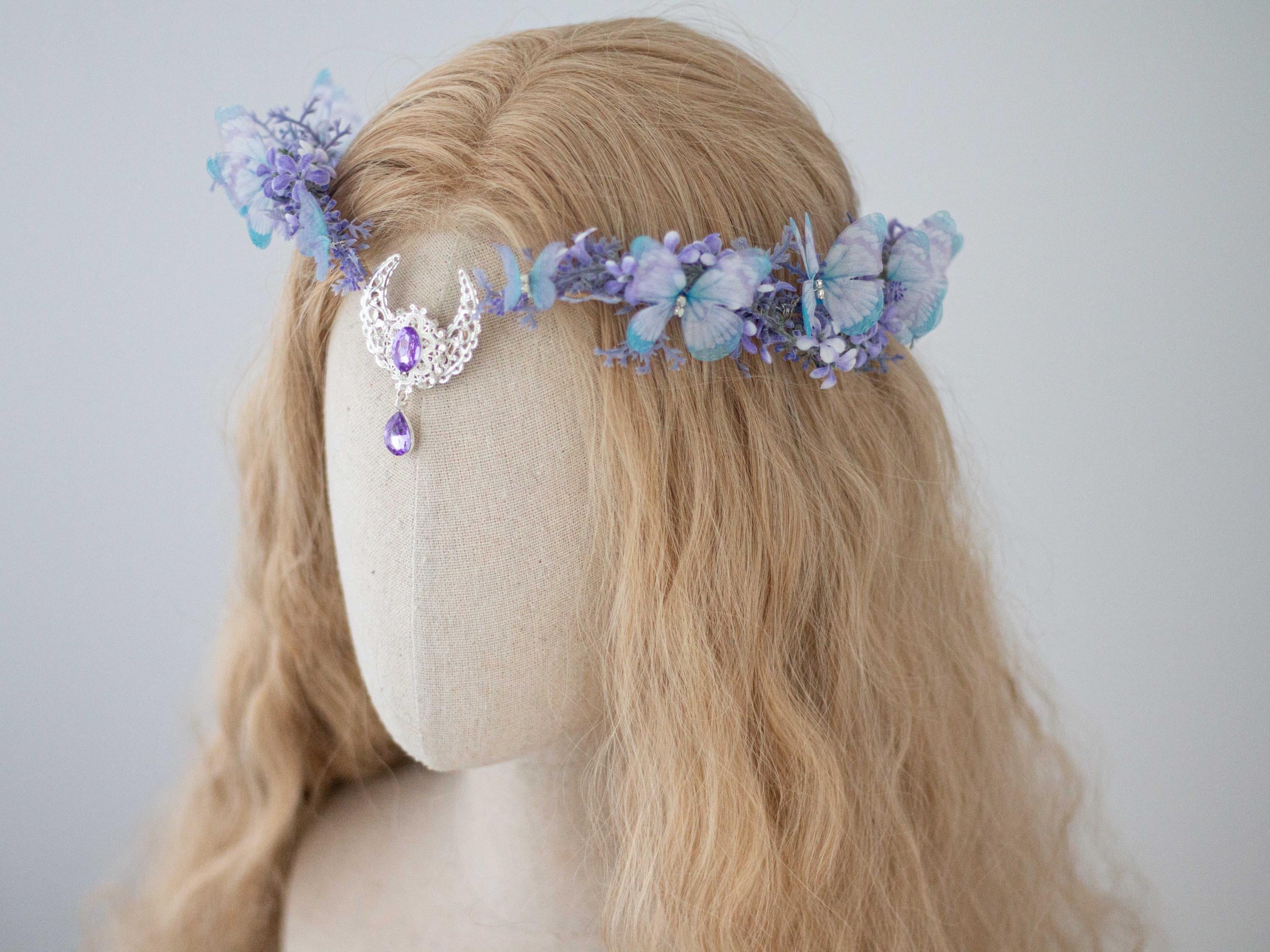 Moon Tiara, Butterfly Flower Crown, Crescent Moon Headband, Purple ...