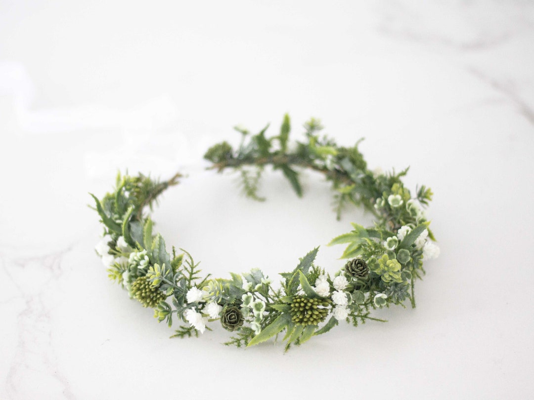 Greeny Flower Crown Wedding, Succulent Flower Crown, White & Green ...