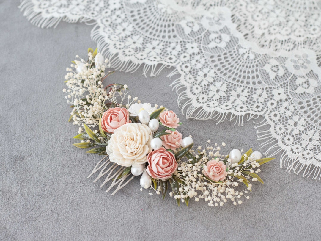 Peach Blush Flower Comb Wedding, Dried Flower Hair Comb, Baby's Breath ...