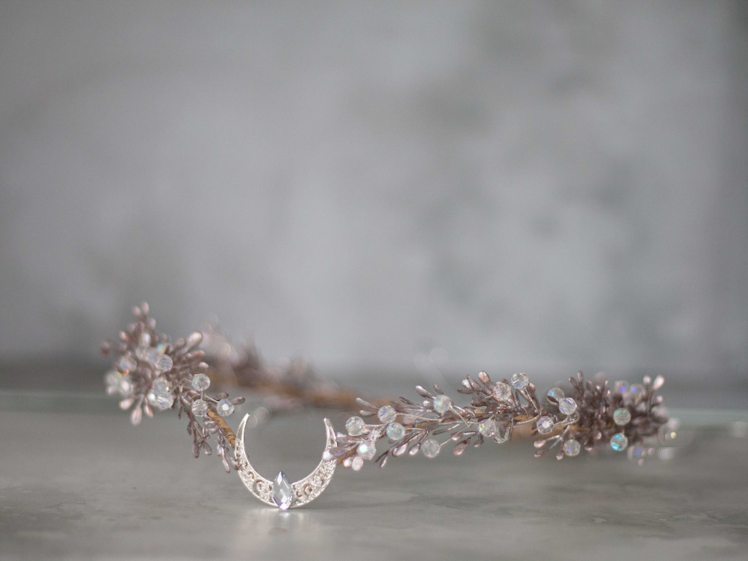 Silver Crescent Moon Crown: Celestial Wedding Headpiece, Elven Tiara - Etsy