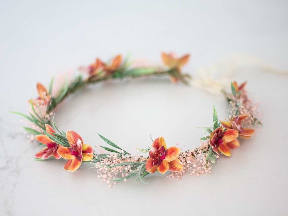 Tropical Flower Crown Orange Pink Flower Crown Orchid Flower - Etsy