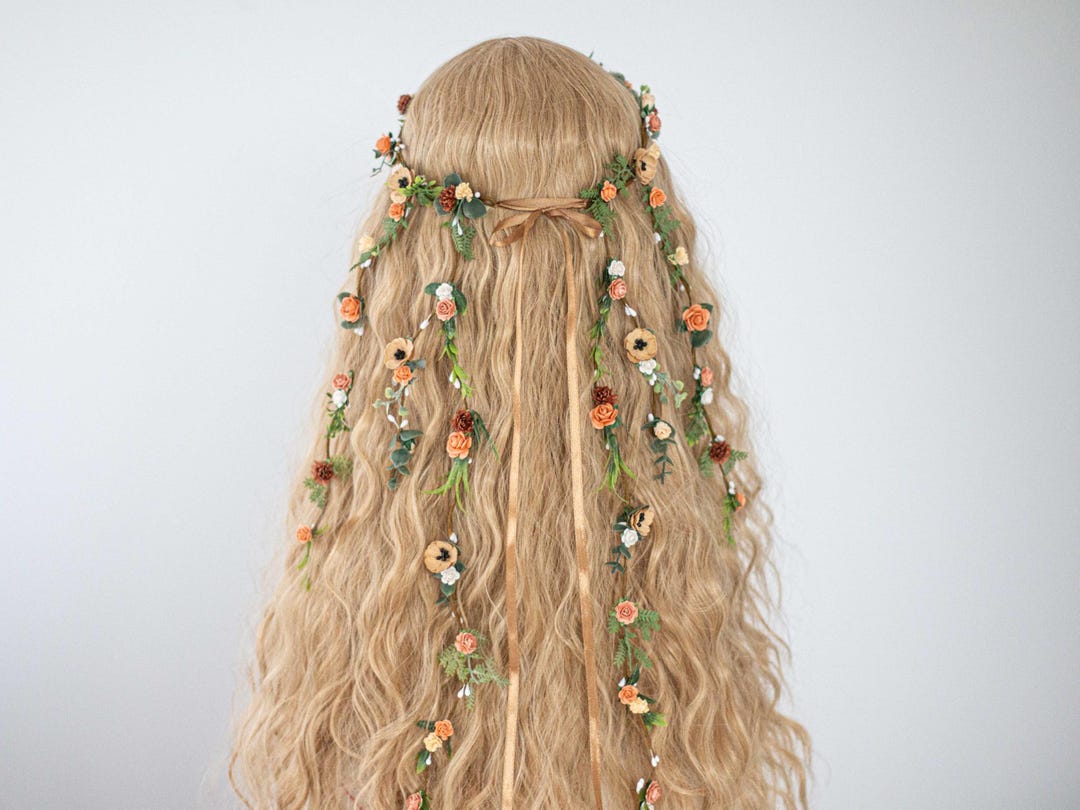 Beige Orange Flower Crown, Cascade Floral Crown, Fall Wedding Headpiece ...