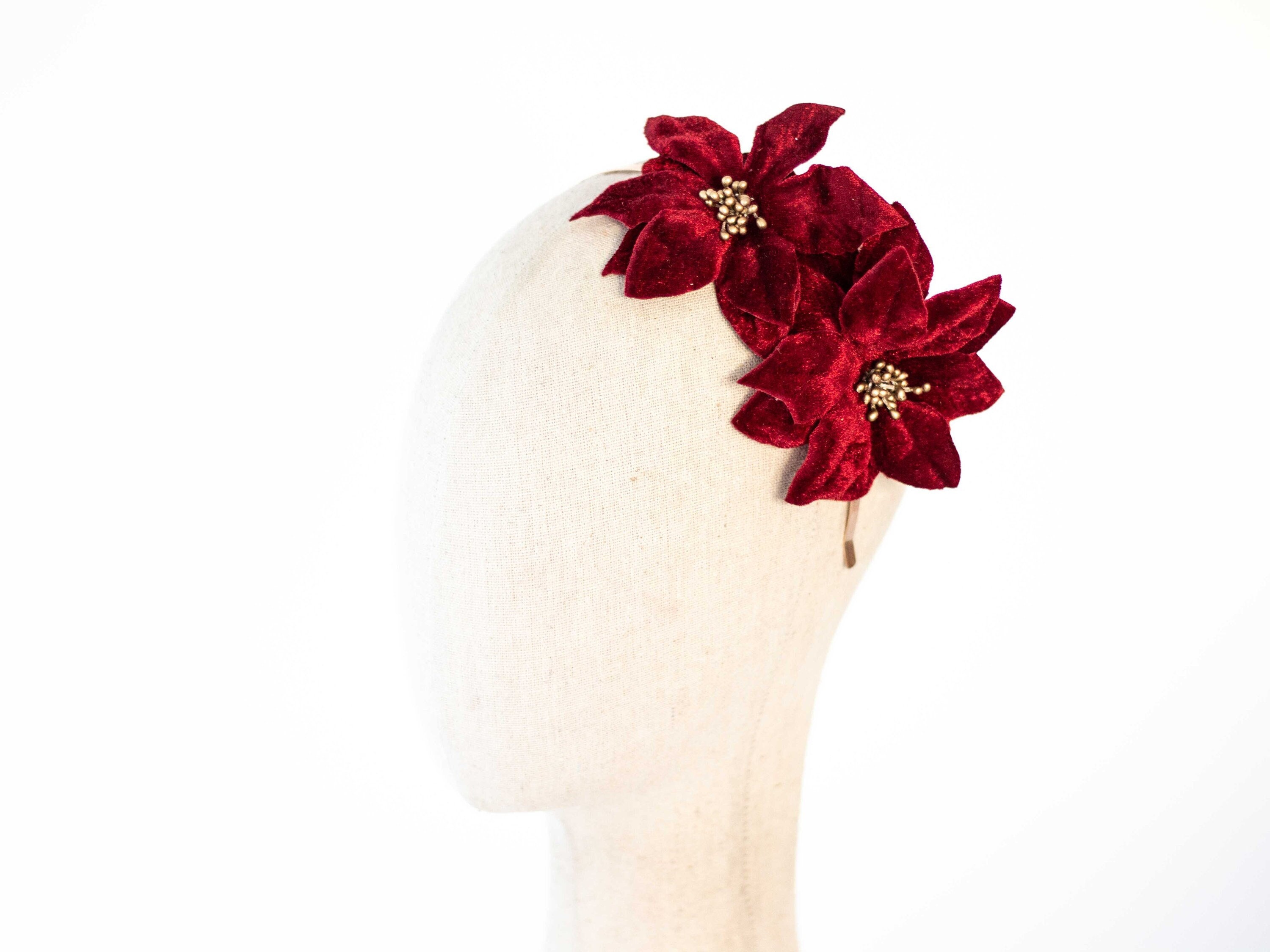 Velvet Poinsettia Flower Headband: Burgundy Hairband Fascinator ...