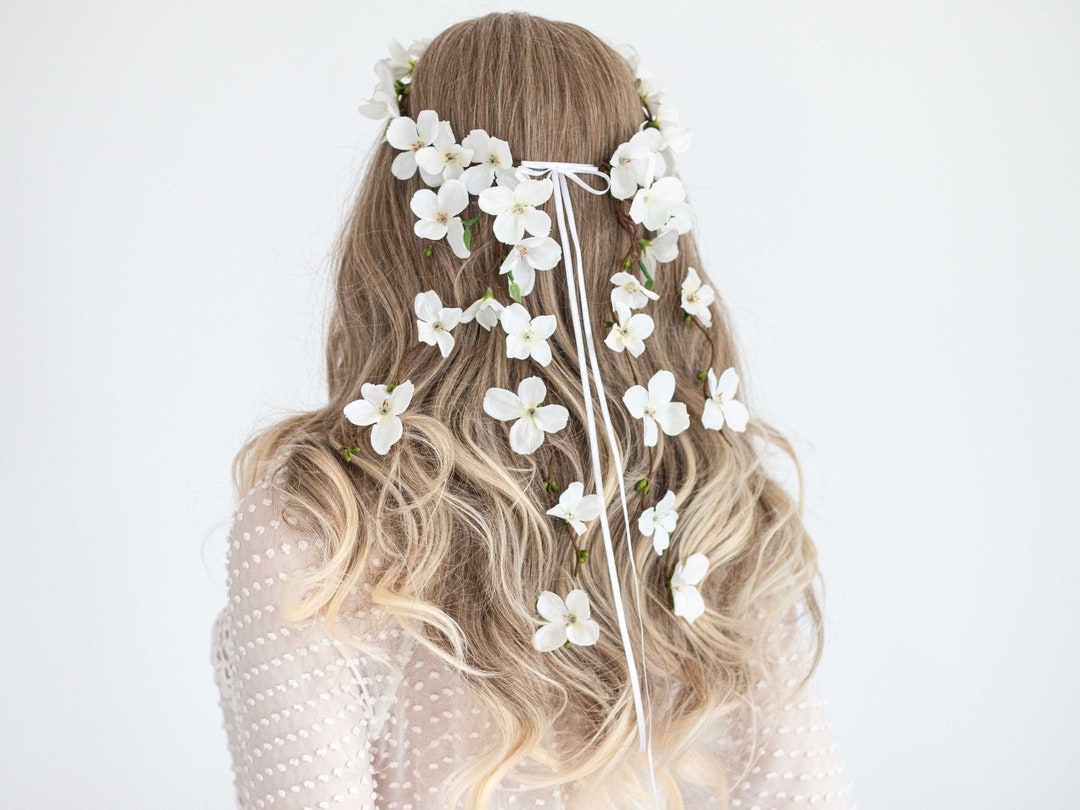 Cascading Flower Crown Wedding, Apple Blossoms Flower Garland, White ...