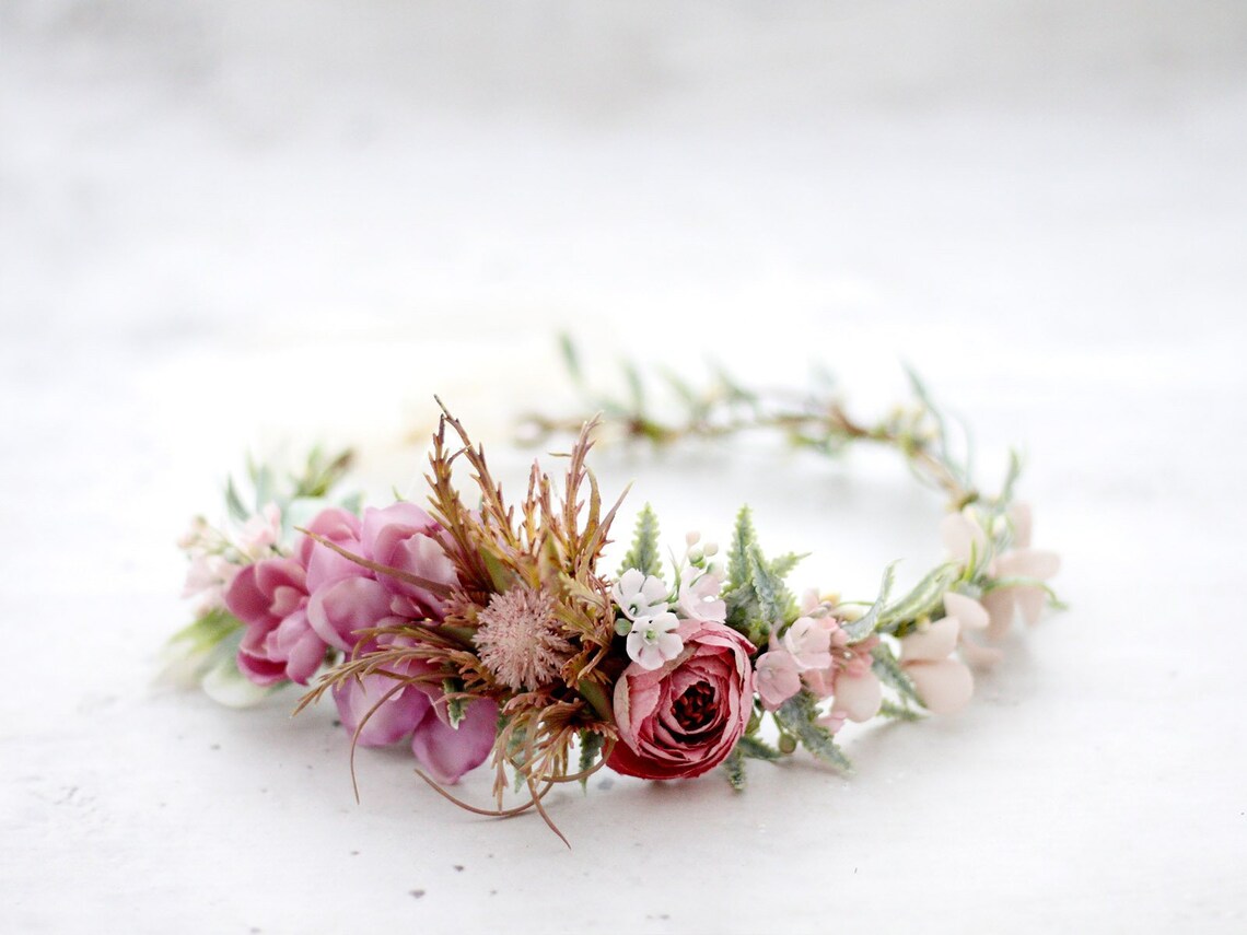 Rustic Flower Crown Wedding Tie Back Flower Crown Mauve | Etsy