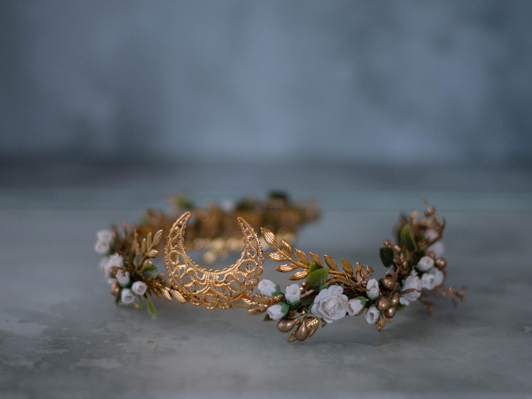 Crescent Moon Crown: Gold & White Headband, Celestial Party Tiara - Etsy