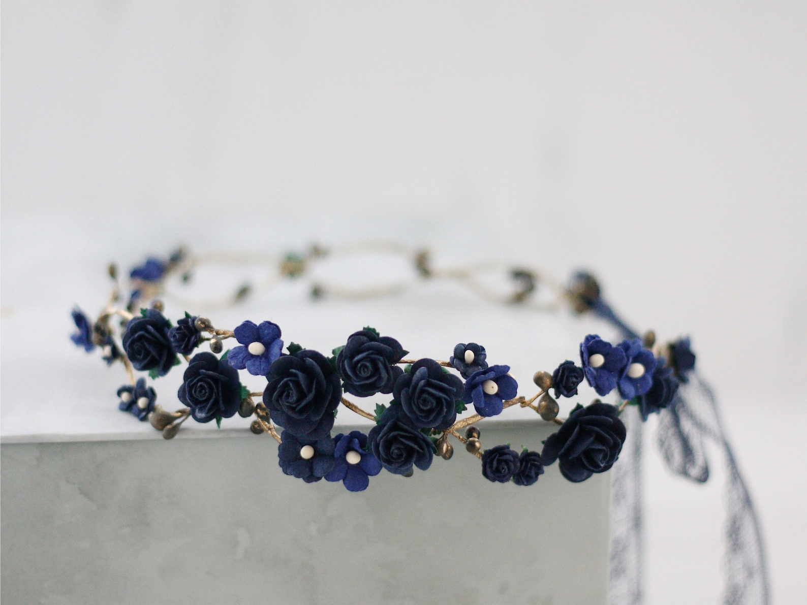 Navy Blue Flower Crown Wedding Boho Bride Crown Dark Bridal - Etsy