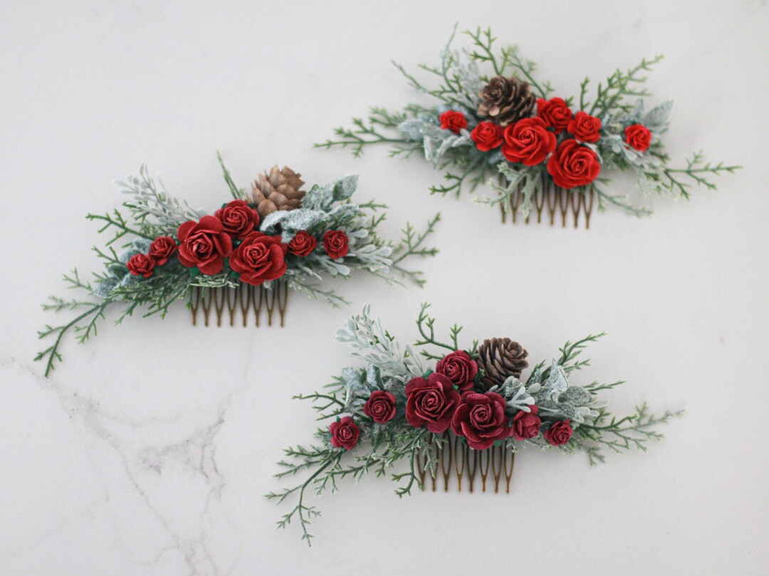 Winter Wedding Hair Comb, Pine Cone Hair Clip, Red Rose Hair ...