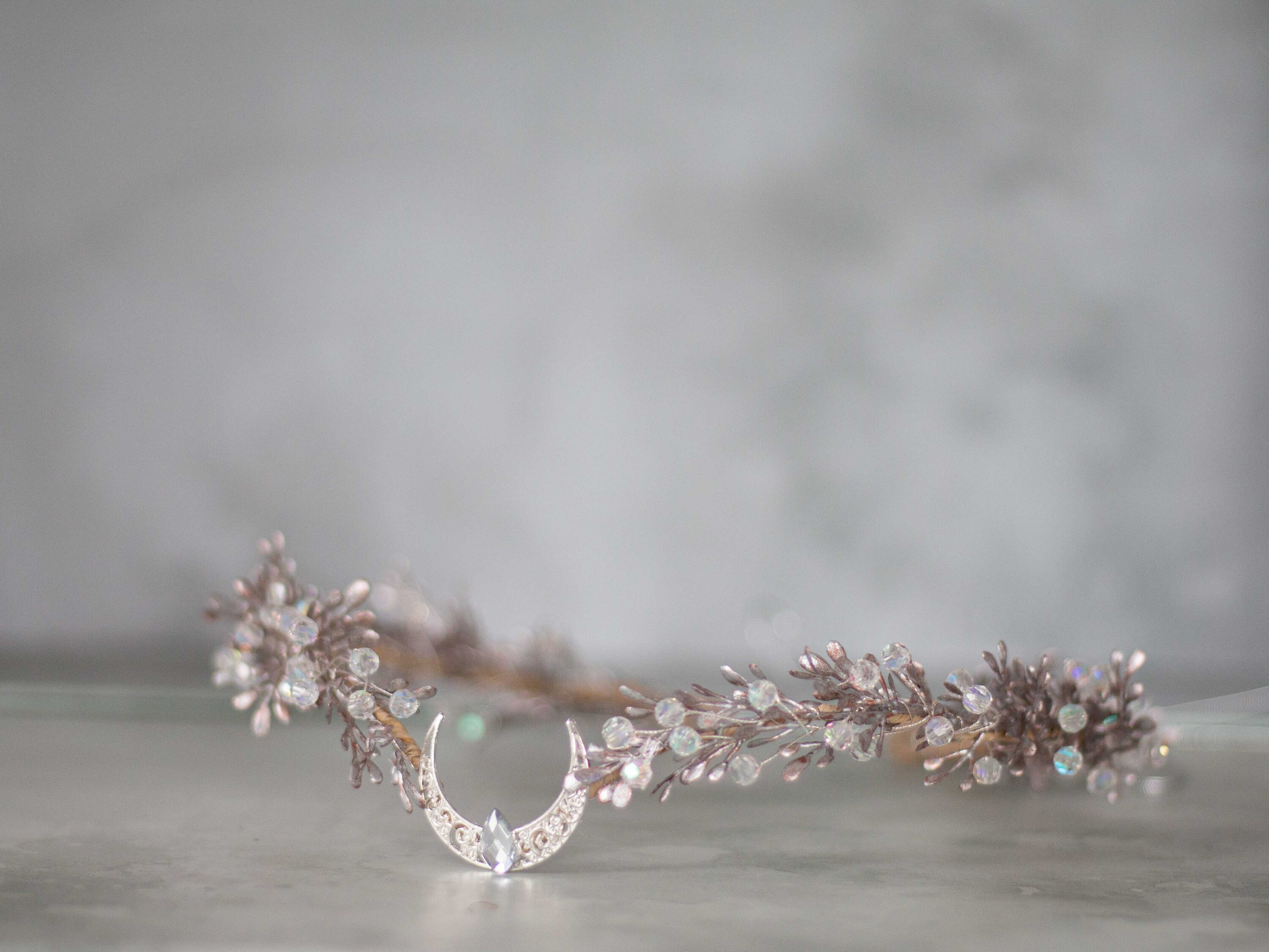 Silver Crescent Moon Crown: Celestial Wedding Headpiece, Elven Tiara - Etsy