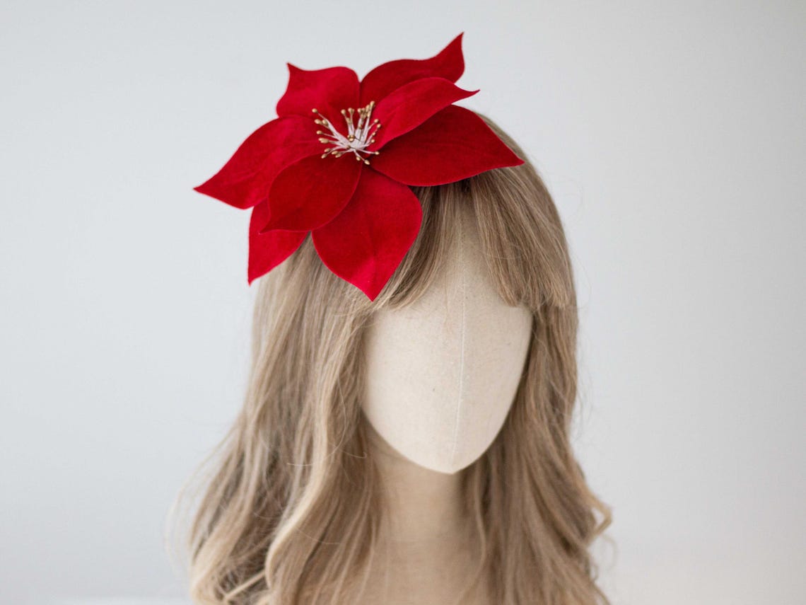 Velvet Poinsettia Flower Headband, Red Floral Headband, Winter Flower ...