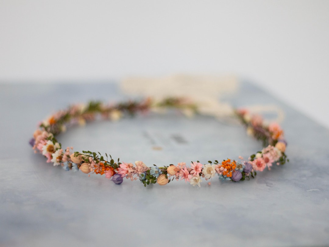 Colorful Dried Flower Crown: Dainty Hair Wreath, Romantic Wedding ...