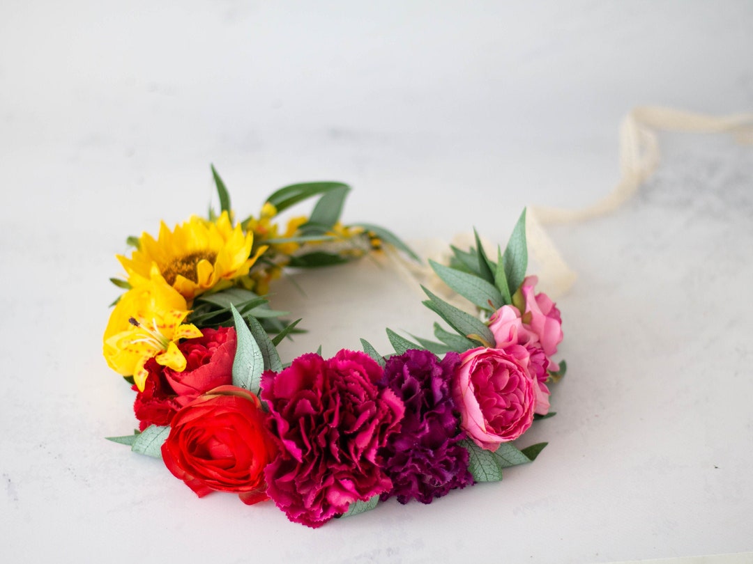 Colorful Flower Crown Wedding, Tie Back Flower Crown, Boho Bridal ...