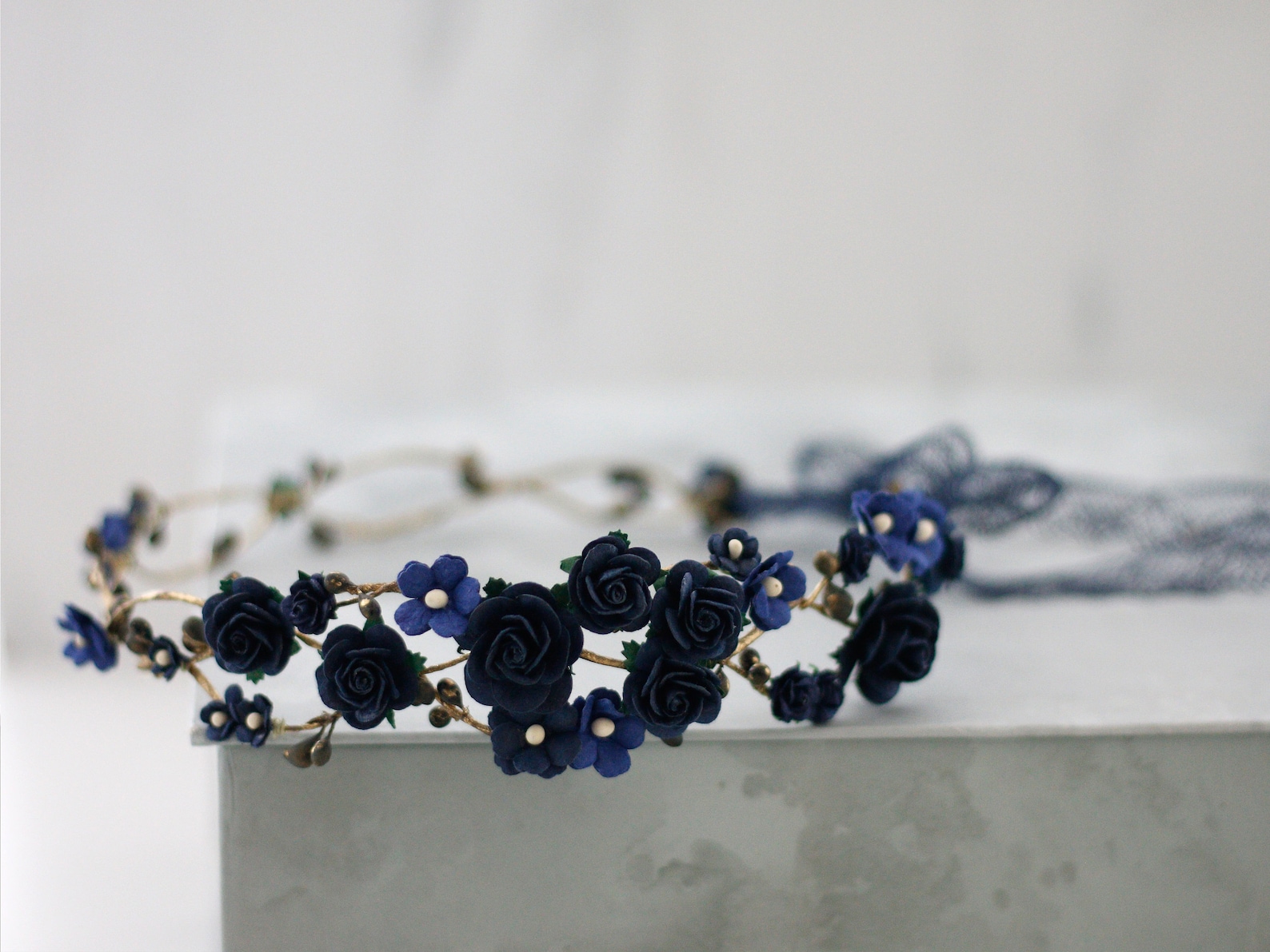 Navy Blue Flower Crown Wedding Boho Bride Crown Dark Bridal - Etsy