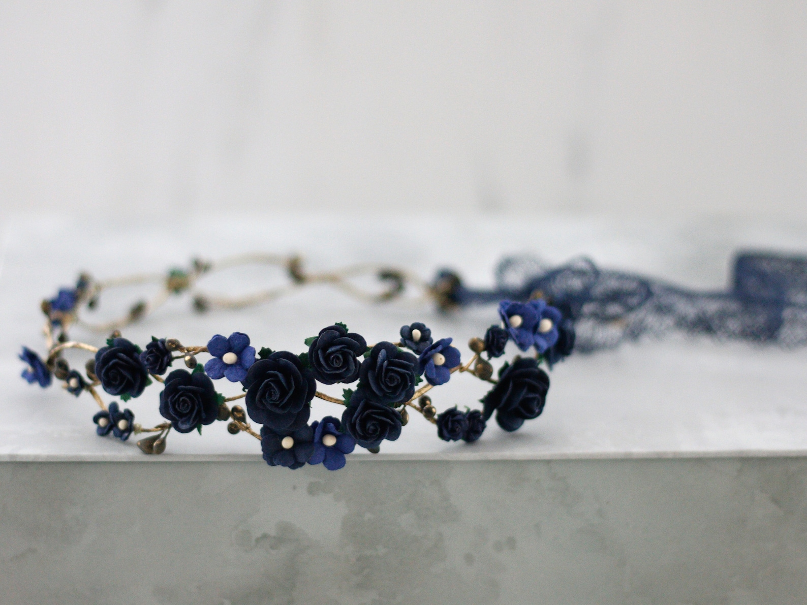 Navy Blue Flower Crown Wedding Boho Bride Crown Dark Bridal - Etsy