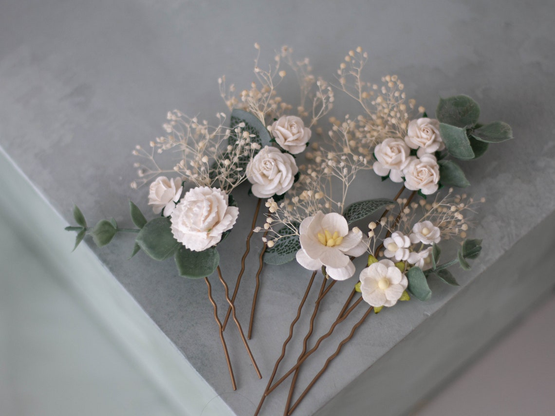 Off White Ivory Flower Pins With Eucalyptus Leaves Set Floral | Etsy
