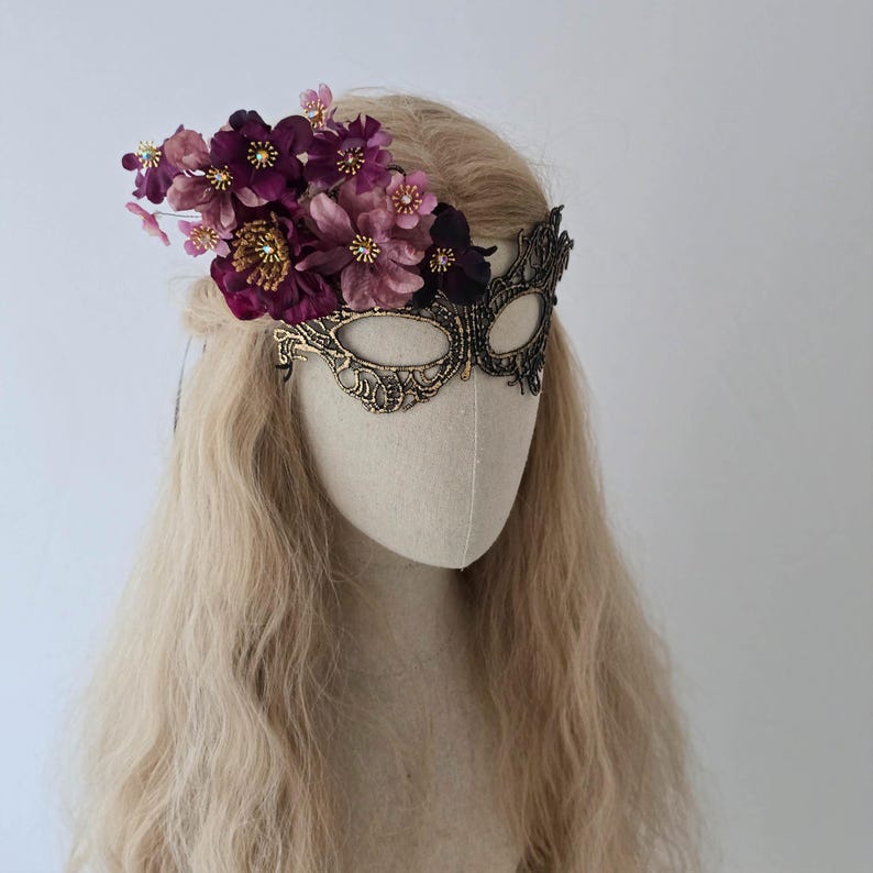 Gold Lace Masquerade Mask With Flowers: Dusty Rose & Burgundy - Etsy