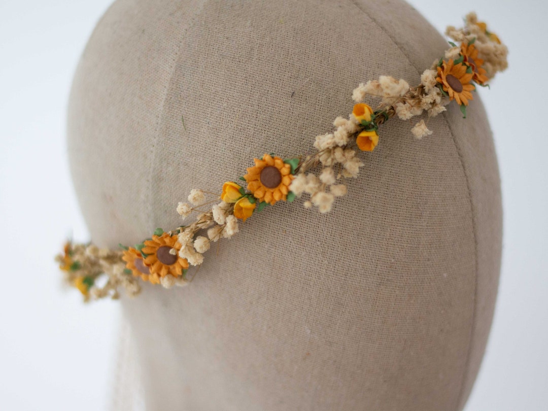 Dried Babys Breath Flower Crown Wedding, Small Sunflower Hair Wreath ...