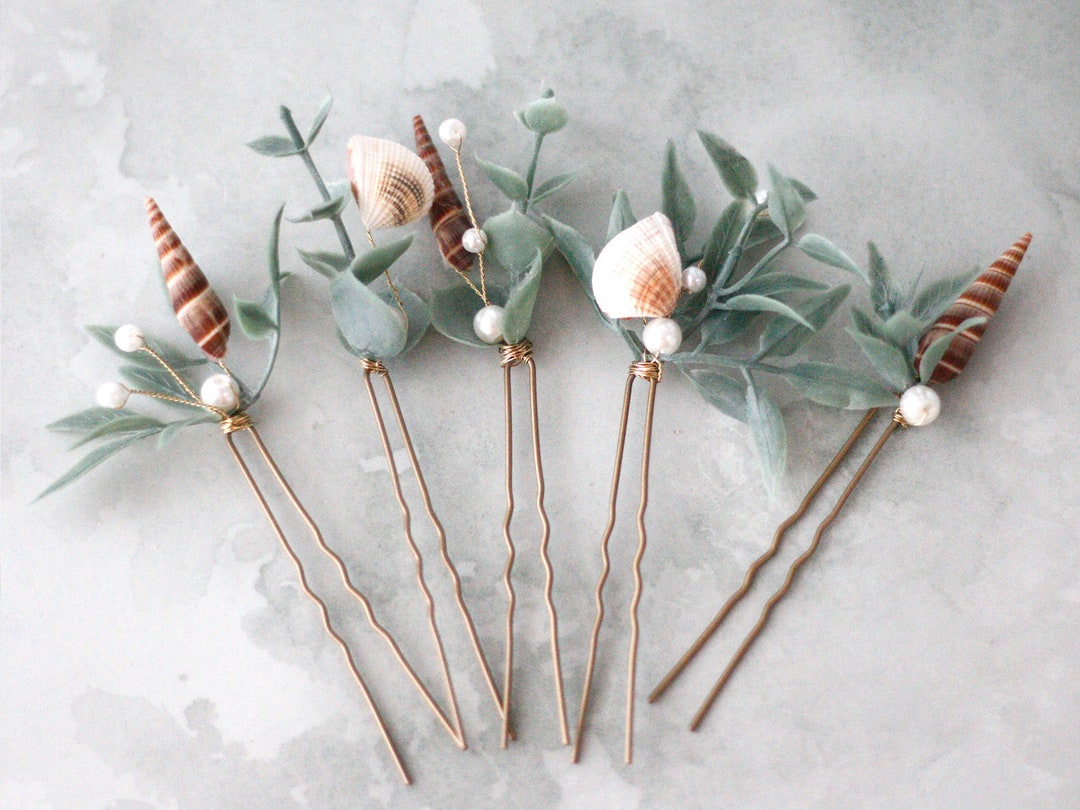 Seashell Set Hair Pins With Green Leaves and Faux Pearls, Mermaid Hair ...