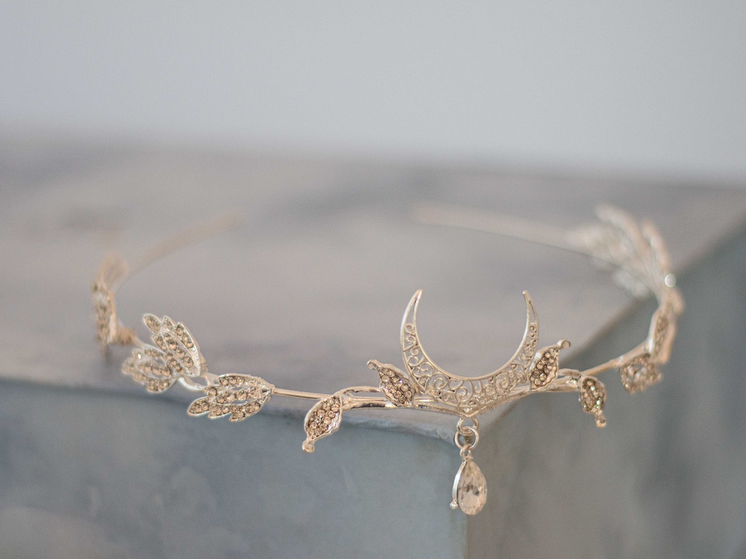 Crescent Moon Crown, Moon Head Band, Silver Leaf Tiara, Elven Hairpiece ...