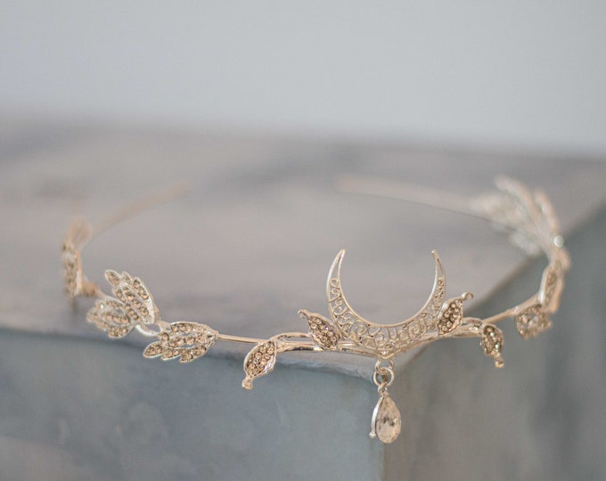 Crescent Moon Crown, Moon Head Band, Silver Leaf Tiara, Elven Hairpiece ...