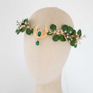Crescent Moon Crown, Green Gold Elven Circlet, Greenery Headband, Fairy ...