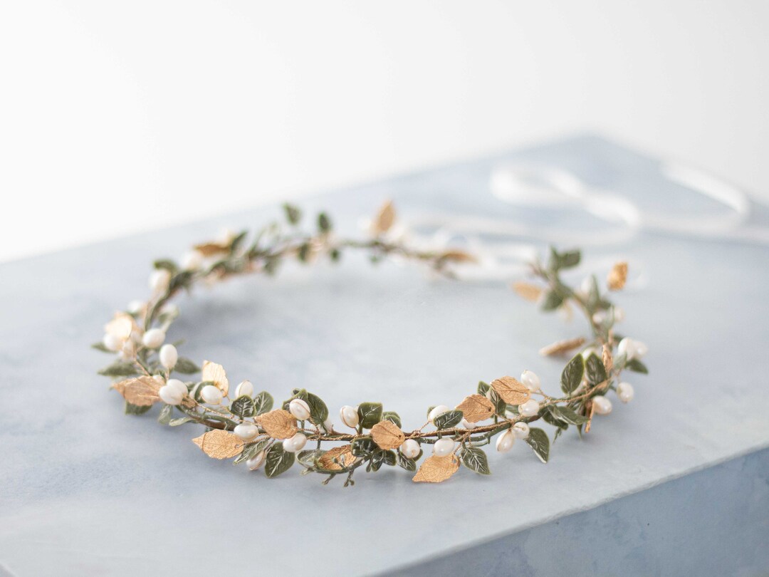 Green Gold Leaf Crown, Pearl Flower Headband, Greek Flower Crown ...
