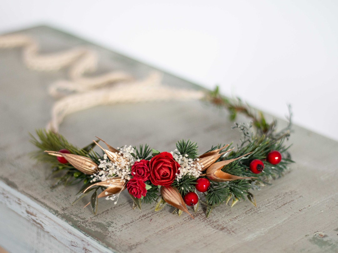 Christmas Flower Crown, Red Berry Wreath, Red Green Flower Crown ...