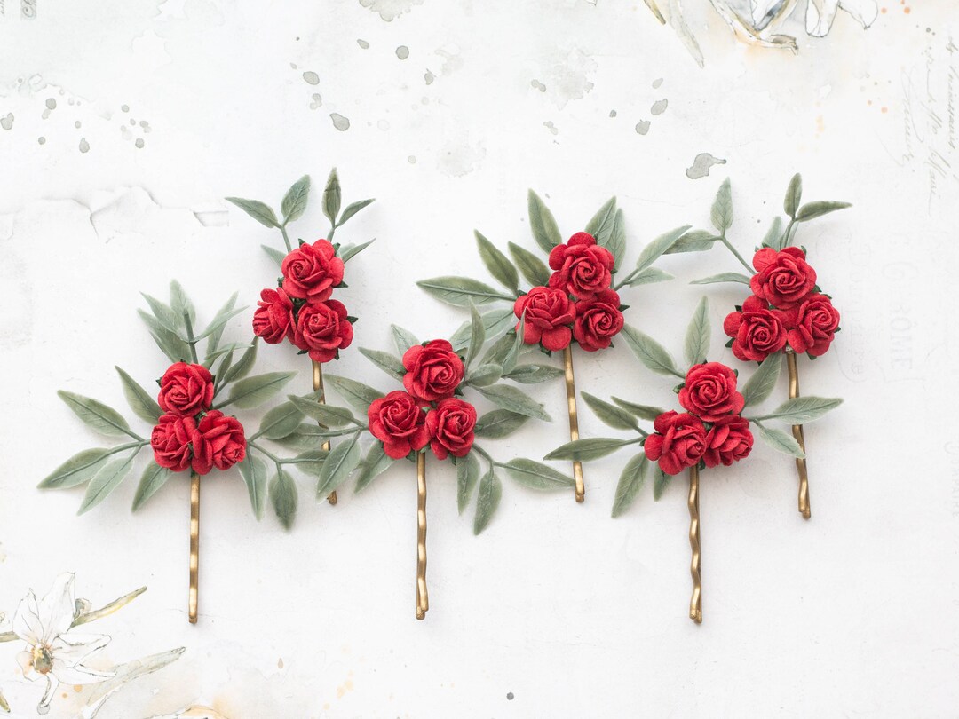 Red Flower Hair Pins Wedding, Bridal Hair Pins, Small Rose Clips ...