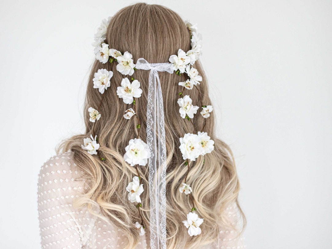 Cascading Flower Crown Wedding, Cascade Hair Wreath, Delicate Floral ...