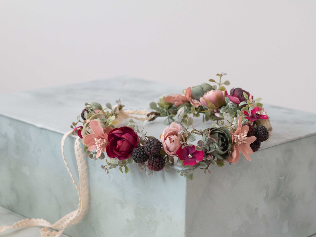 Burgundy Flower Crown Wedding, Rustic Floral Crown Bride, Bride ...