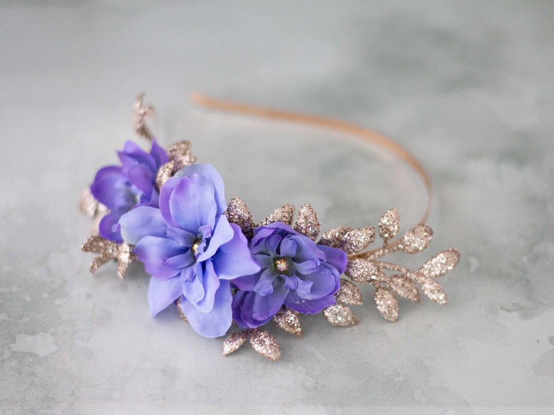 Periwinkle Blue Flower Headband: Bridal Glitter Hairband, Gold Leaf ...